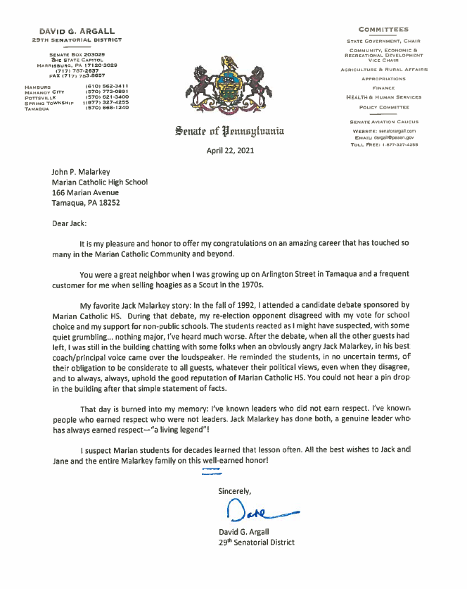 Jack Malarkey Letter - Senator Argall