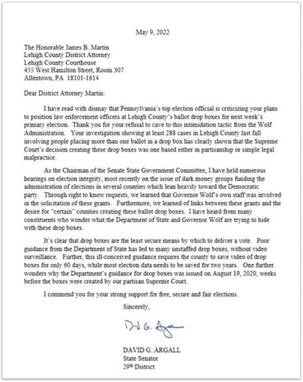DA Martin Letter - Senator Argall